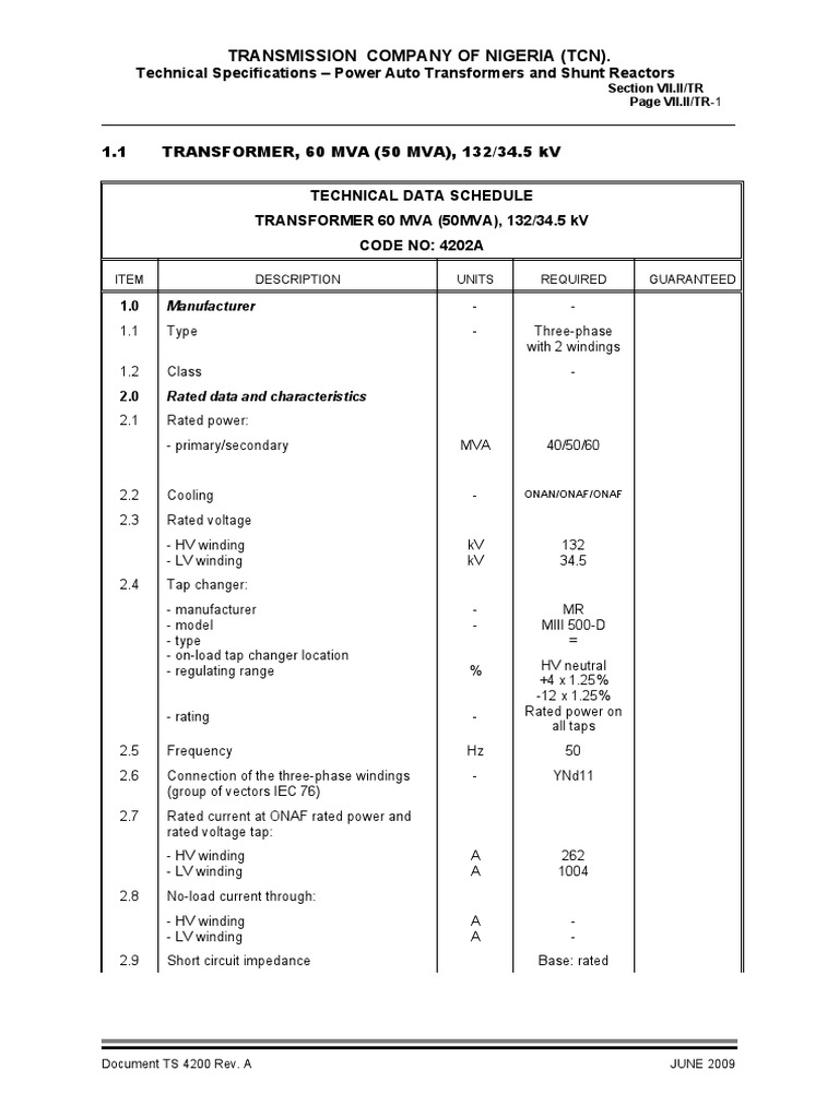 Technical Specifications for 60MVA 132/34.5kV Power Transformer ...
