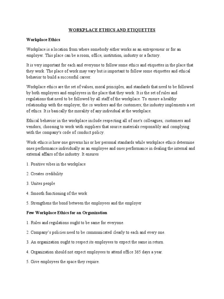 Workplace Ethics and Etiquettes Workplace Ethics | PDF | Etiquette ...