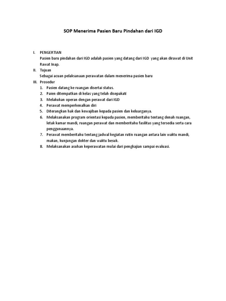 SOP Menerima Pasien Baru Pindahan Dari IGD | PDF