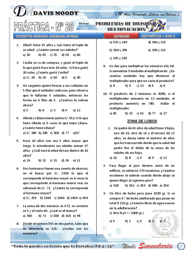 Problemas de Multiplicación y División de Números Naturales - Práctica ...