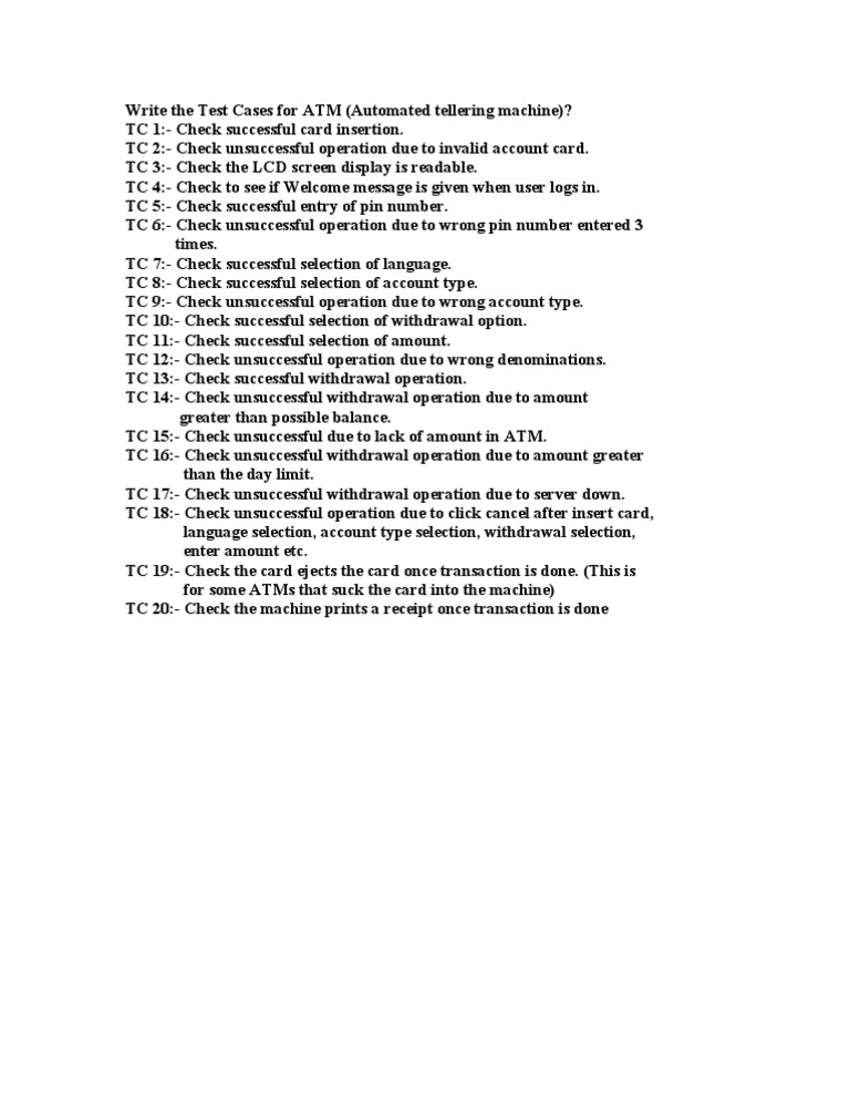 TEST Cases On ATM Machine | PDF