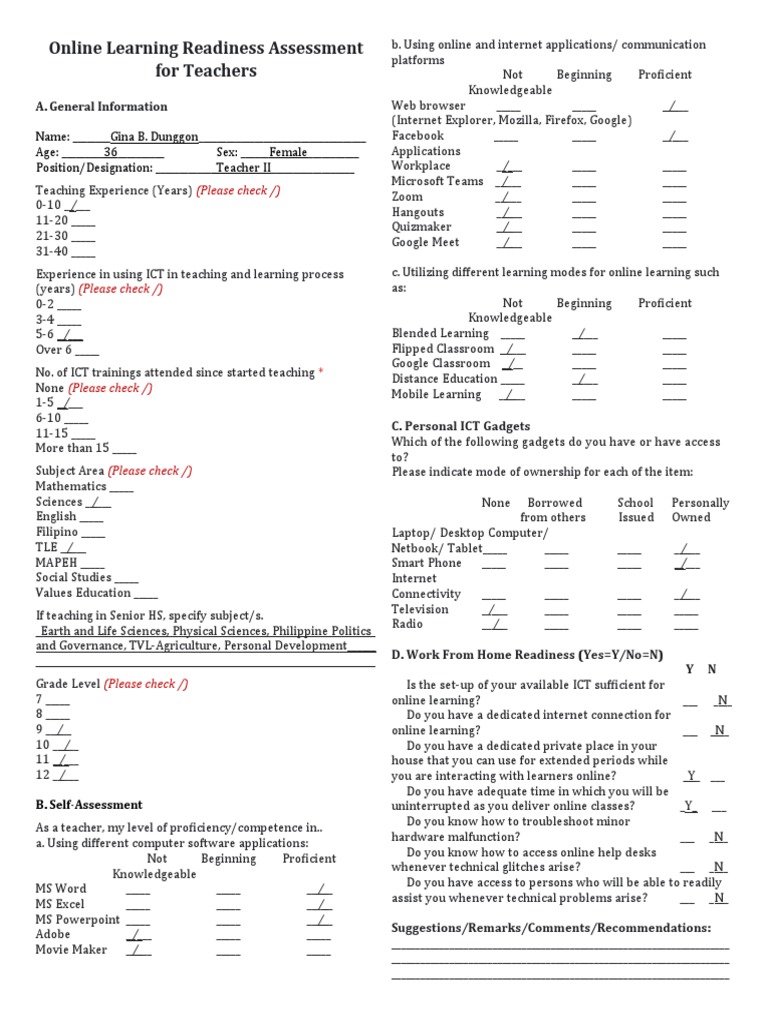 Online Learning Readiness Assessment For Teachers: (Please Check ...
