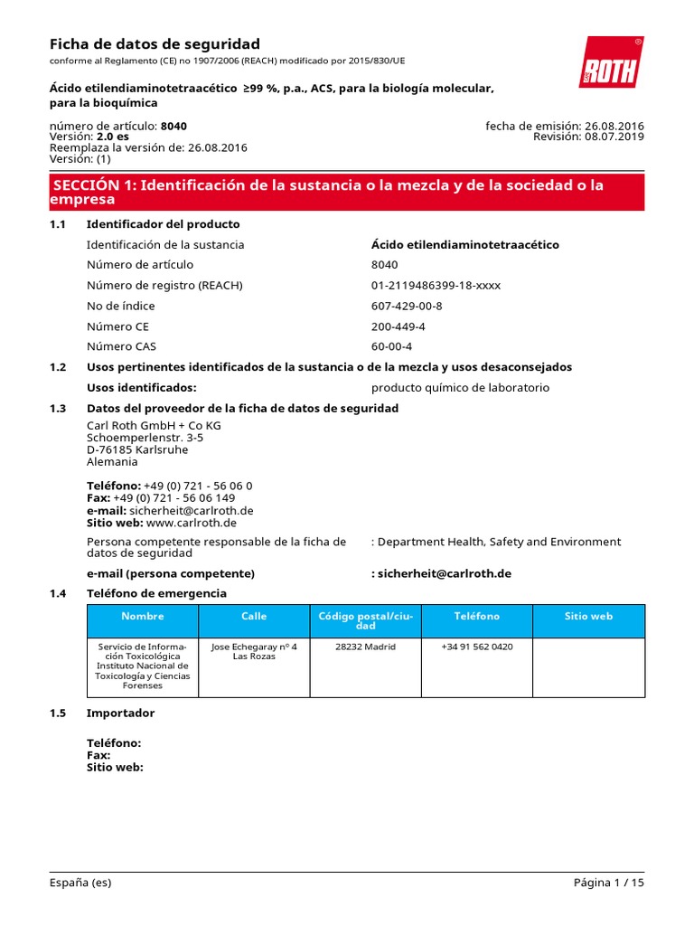 12.ficha Datos Seguridad EDTA | PDF | Toxicidad | Agua