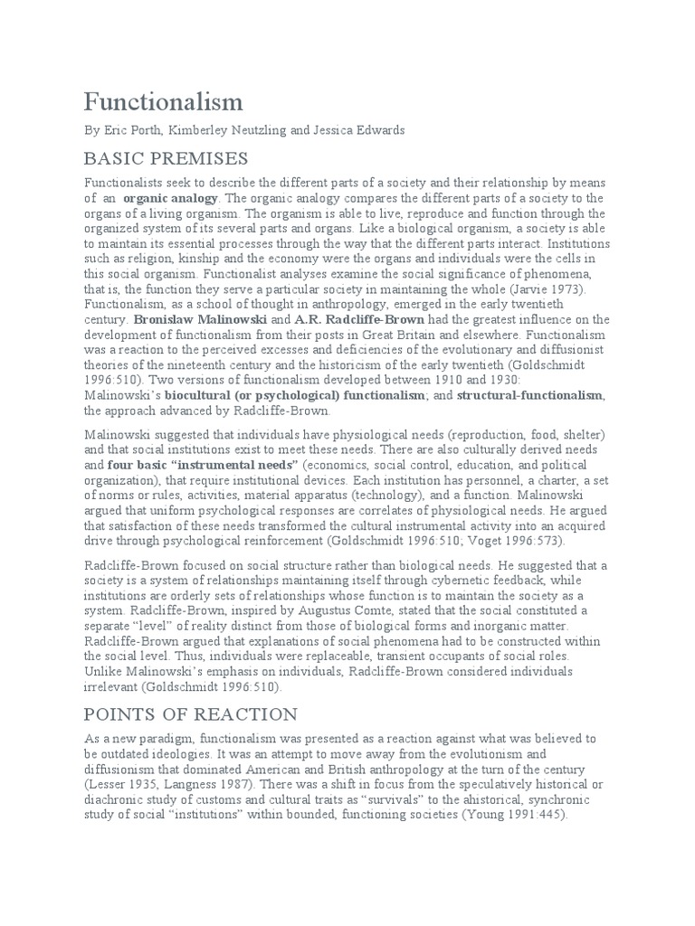 Functionalism: Basic Premises | PDF | Social Anthropology | Anthropology