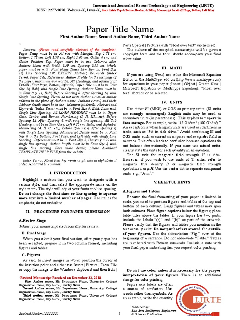 IJRTE Paper Template | PDF | Note (Typography) | Bracket