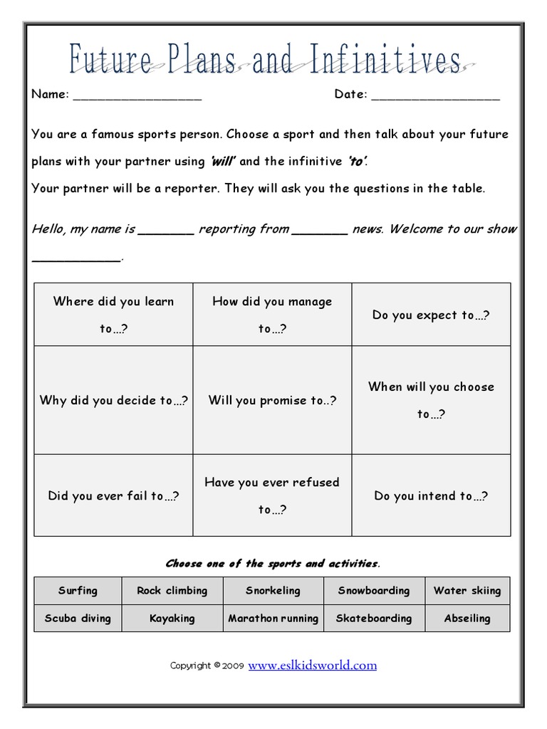 Future Plans and Infinitives Role Play | PDF