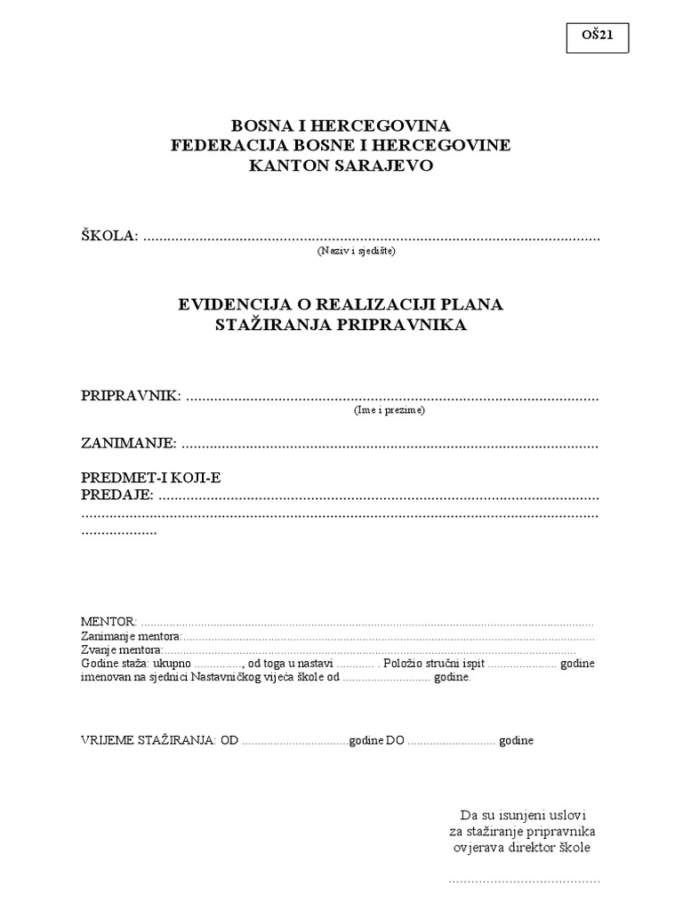 OŠ21 - Evidencija o Realizaciji Plana Stažiranja Pripravnika | PDF OŠ21 - Evidencija o Realizaciji Plana Stažiranja Pripravnika | PDF