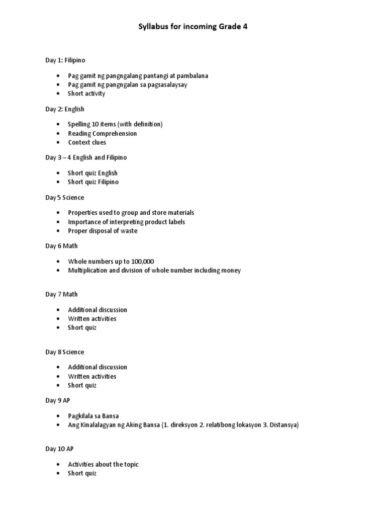 Syllabus For Incoming Grade 4 | PDF