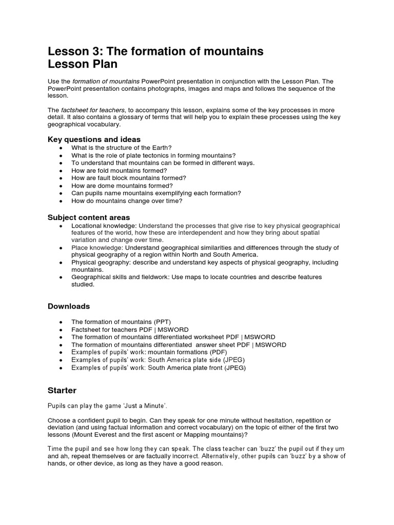 Lesson 3: The Formation of Mountains Lesson Plan: Key Questions and ...