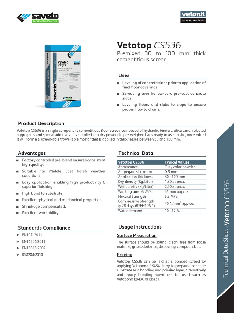 Vetotop CS536: Premixed 30 To 100 MM Thick Cementitious Screed | PDF ...