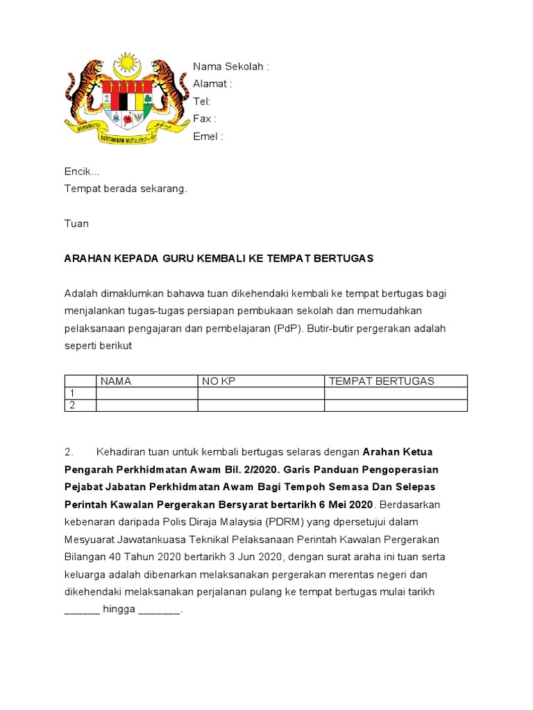 Surat Arahan Kembali Bertugas | PDF