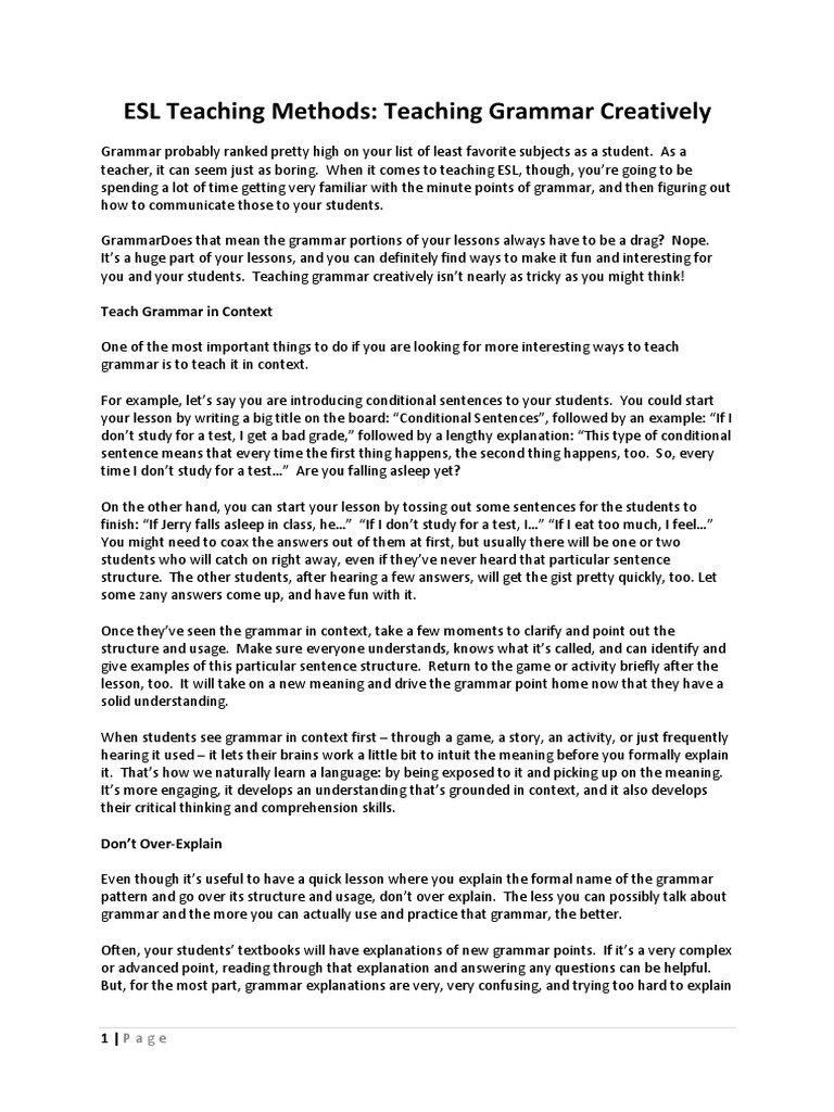 ESL Teaching Methods: Teaching Grammar Creatively | PDF | Reading ...