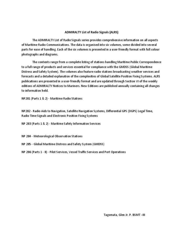 ADMIRALTY List of Radio Signals ALRS | PDF