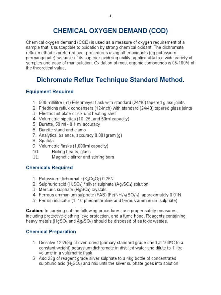 Chemical Oxygen Demand (Cod) : Equipment Required | PDF | Nature | Atoms