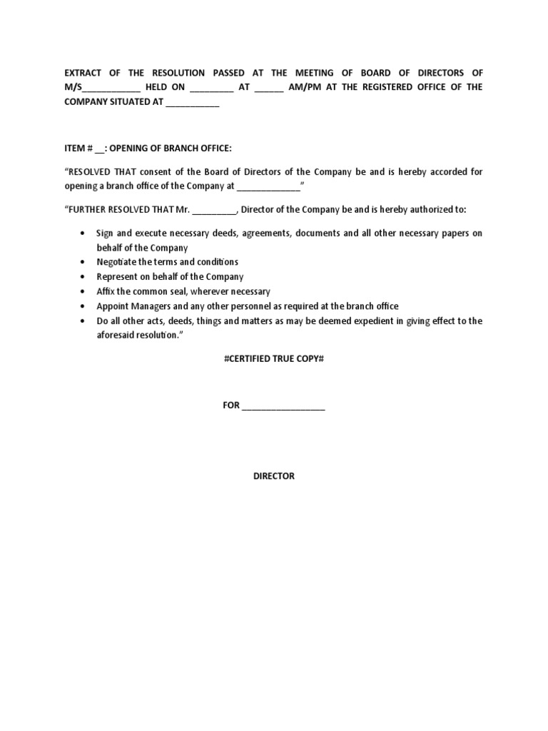 Board Resolution for Branch Office Opening | PDF