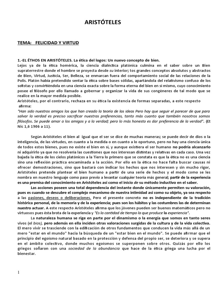 Tema. Virtud y Felicidad Aristoteles | PDF | Aristóteles | Felicidad