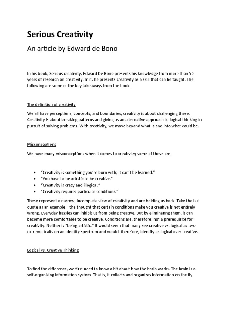Serious Creativity: An Article by Edward de Bono | PDF | Creativity ...
