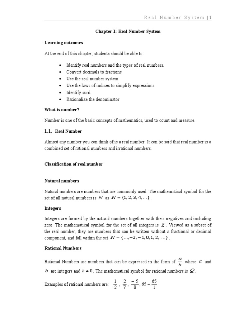 Chapter 1: Real Number System Learning Outcomes | PDF | Numbers | Fraction (Mathematics)