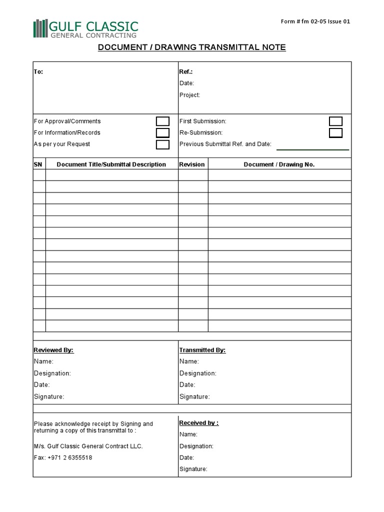 FM 02-05 Document - Drawing Transmittal Note | PDF