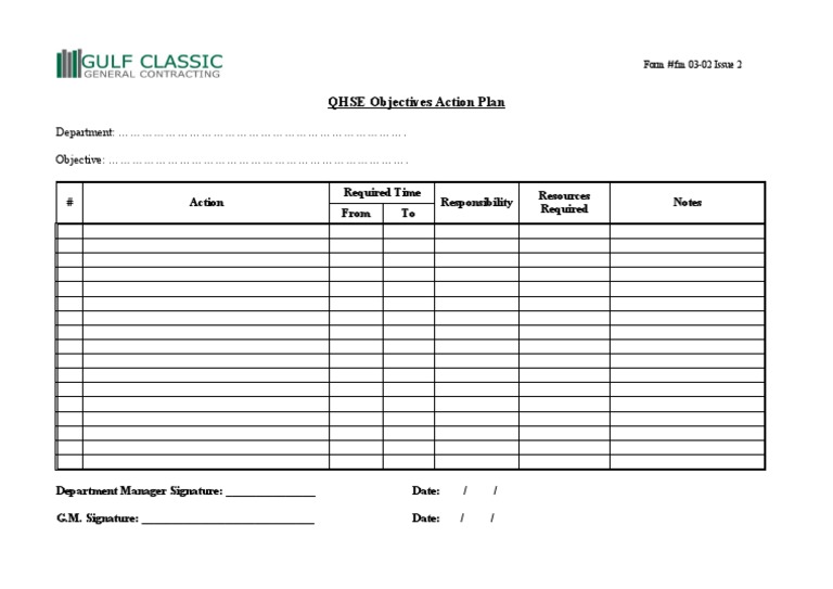 QHSE Objectives Action Plan: Department: . Objective | PDF | Career ...