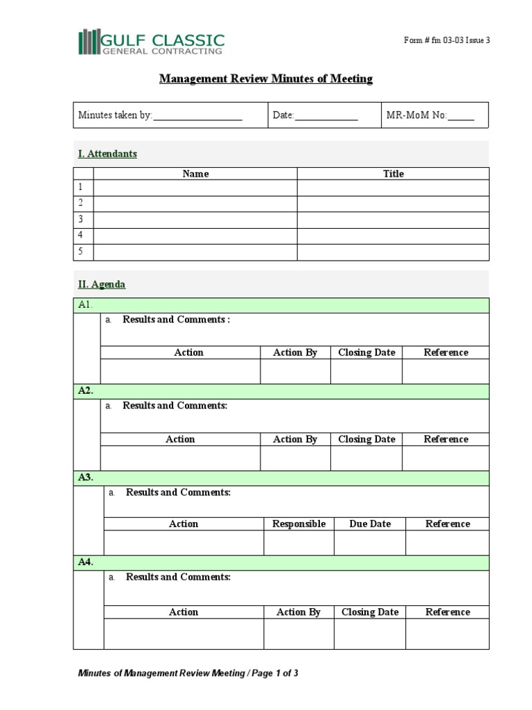 Management Review Meeting Minutes Template | PDF