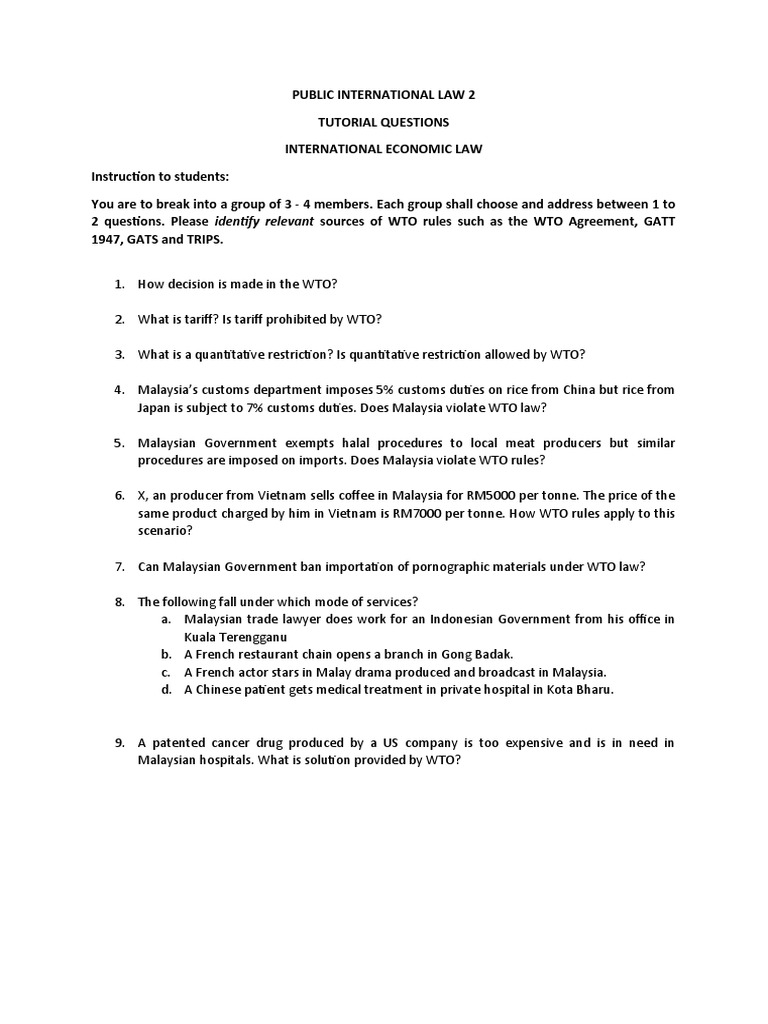 WTO Law Tutorial Questions Guide | PDF | Social Science