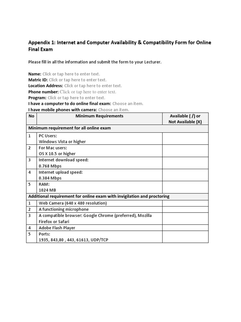 Internet and Computer Availability Compatibility Form For Online Final ...