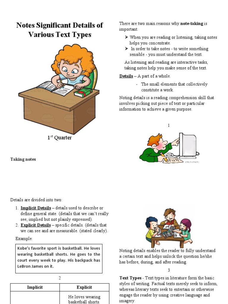 Notes Significant Details of Various Text Types: 1 Quarter | PDF ...