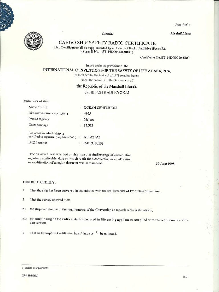 Cargo Ship Safety Radio Certificate | PDF