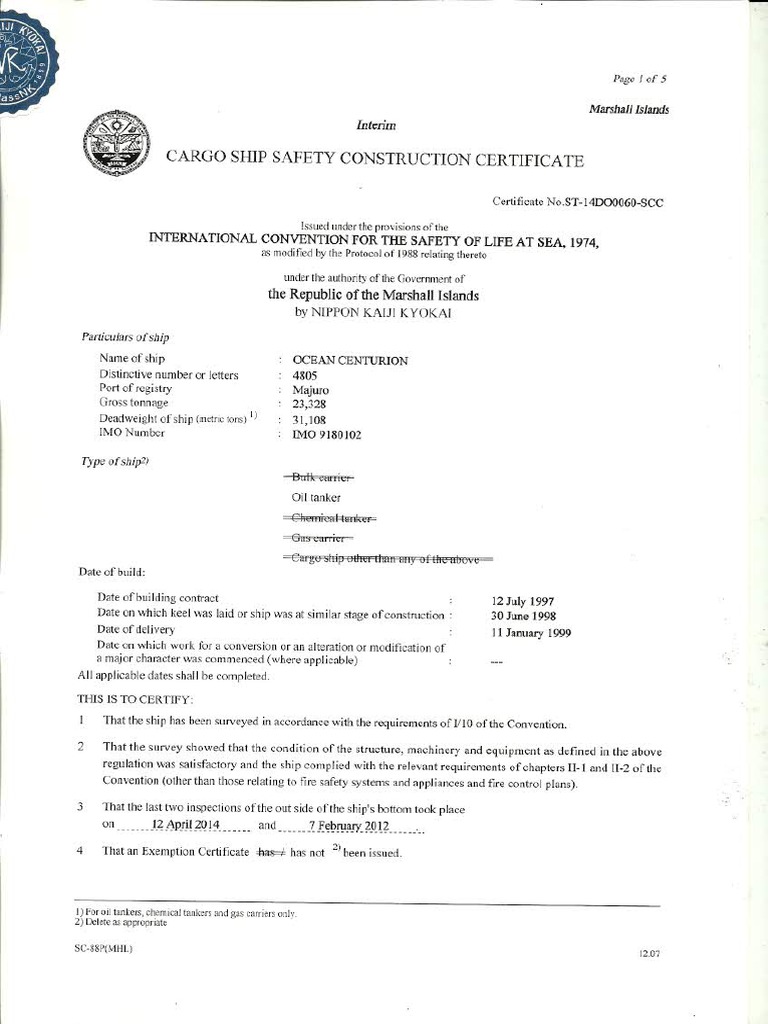 Cargo Ship Safety Construction Certificate | PDF
