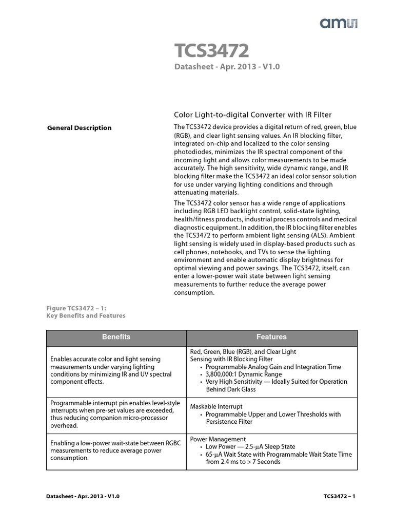 TCS3472 Datasheet EN v2 | PDF | Rgb Color Model | Digital Electronics