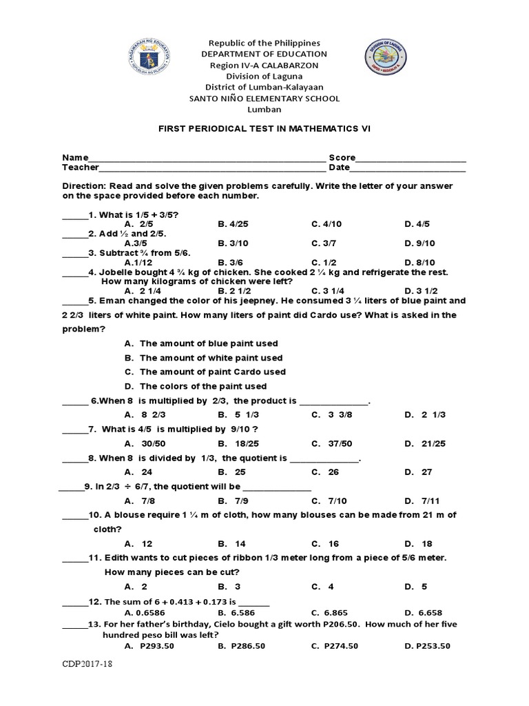 PT - Mathematics 6 - Q1 | PDF | Teaching Mathematics | Business