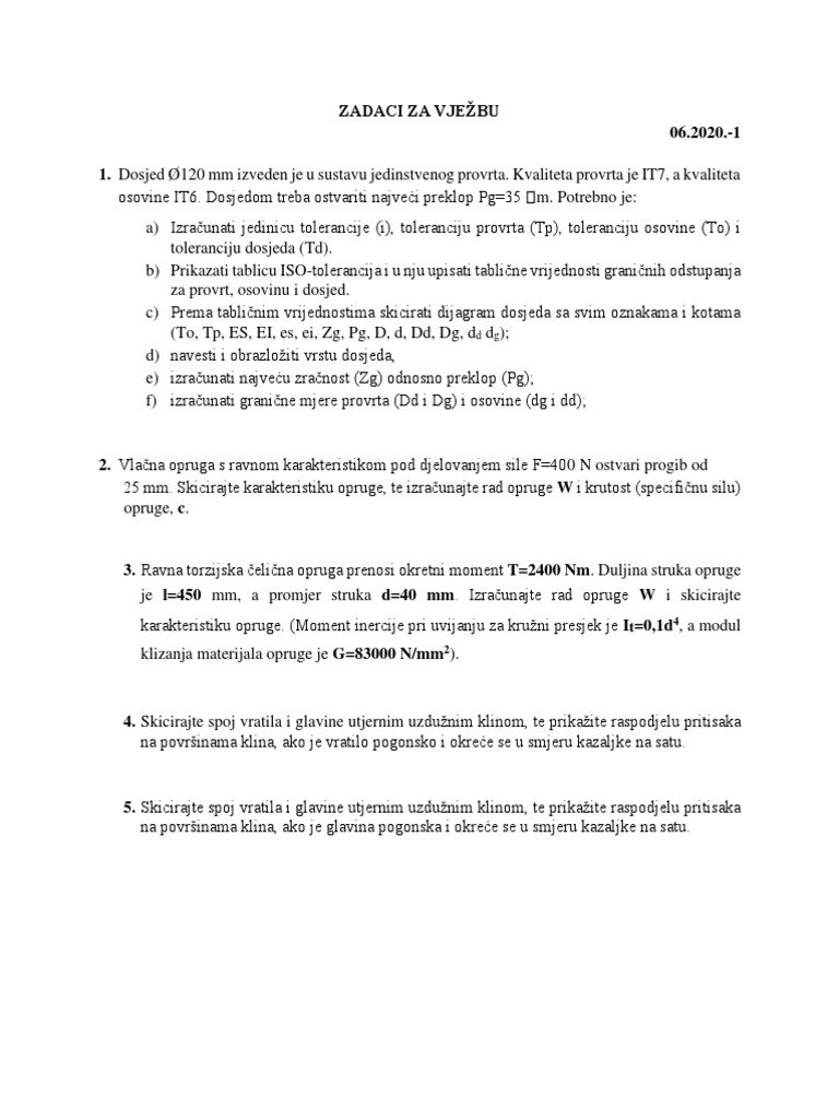 ZADACI ZA VJEŽBU-Elementi Strojeva | PDF