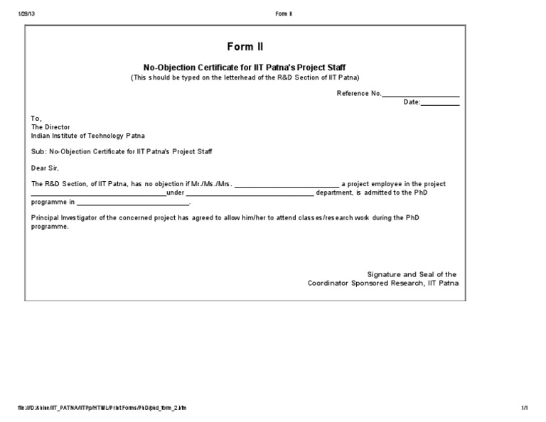 Form II: No-Objection Certificate For IIT Patna's Project Staff | PDF ...