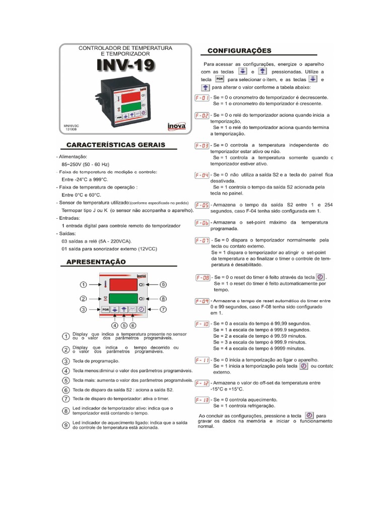 Manual Controlador de Temperatura e Temporizado Inova Inv 19 | PDF
