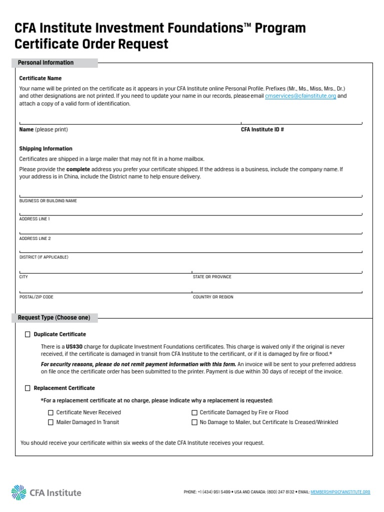 CFA Investment Foundations Certificate Request | PDF