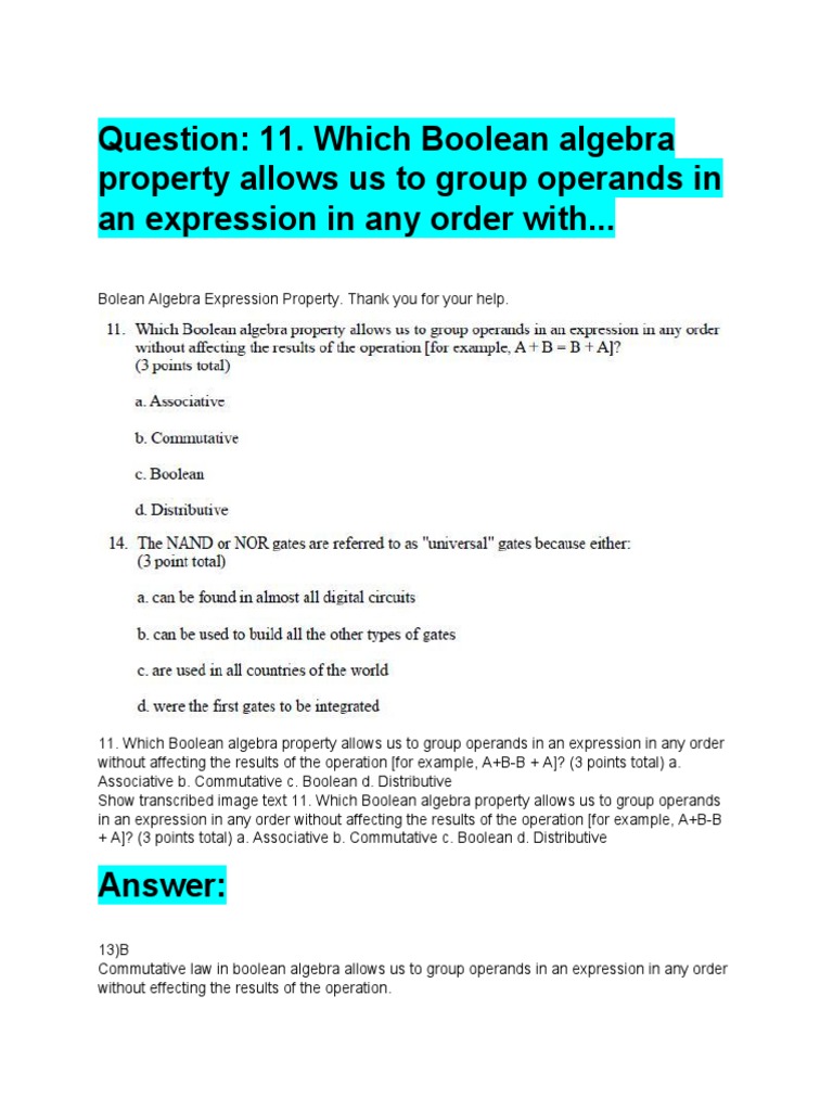 Question: 11. Which Boolean Algebra Property Allows Us To Group ...