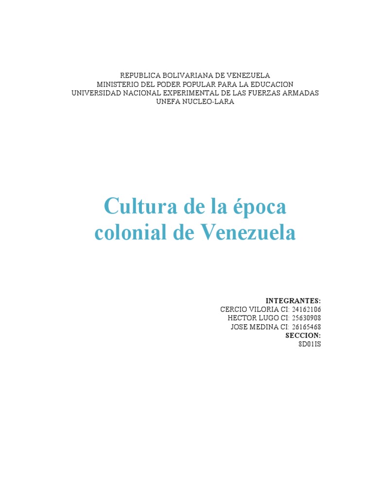 Cultura de La Epoca Colonial de Venezuela | PDF | Venezuela