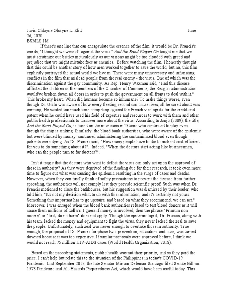 And The Band Played On Reflection Paper | PDF | Emergency | Medical ...