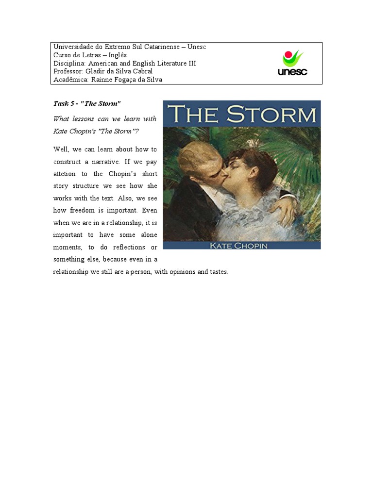 Task 5 - "The Storm": What Lessons Can We Learn With Kate Chopin's "The ...