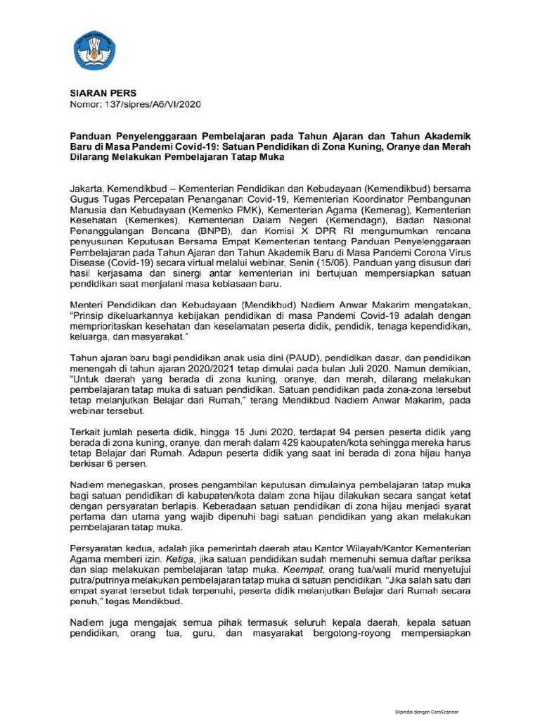 Siaran Pers - SKB Panduan Pembelajaran Tahun Akademik Dan Ajaran Baru - 150620 - FIN1 | PDF