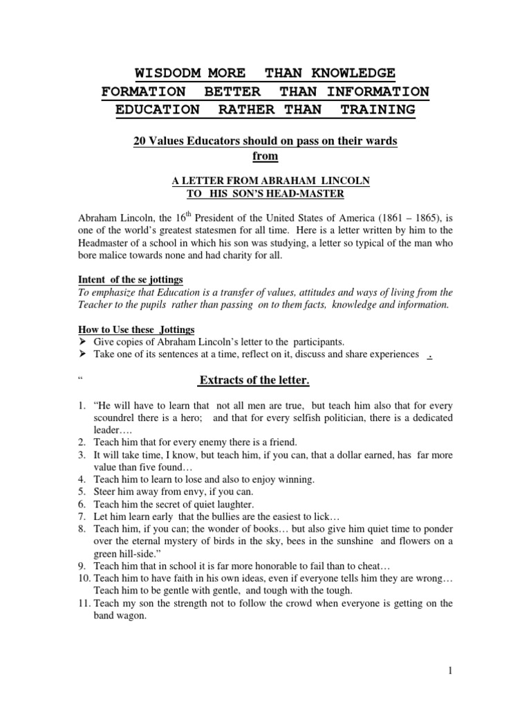 Abraham - Lincolns - Letter To - His - Sons - Teacher PDF | PDF