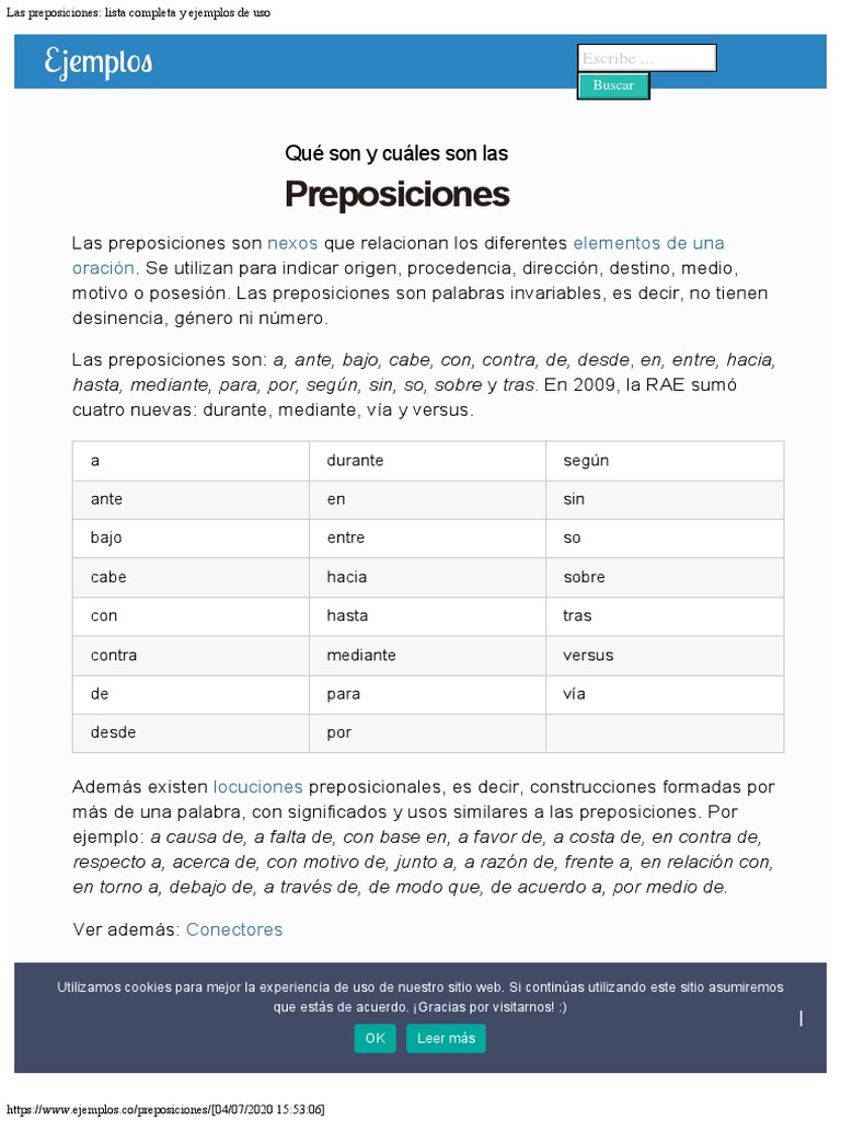 Las Preposiciones Lista Completa y Ejemplos de Uso | PDF | Preposición ...