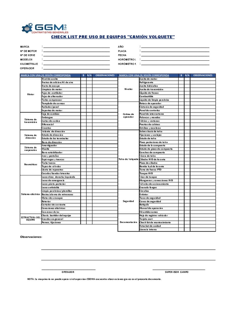 Check List-Volquetes | PDF | Transmisión (Mecánica) | Camión