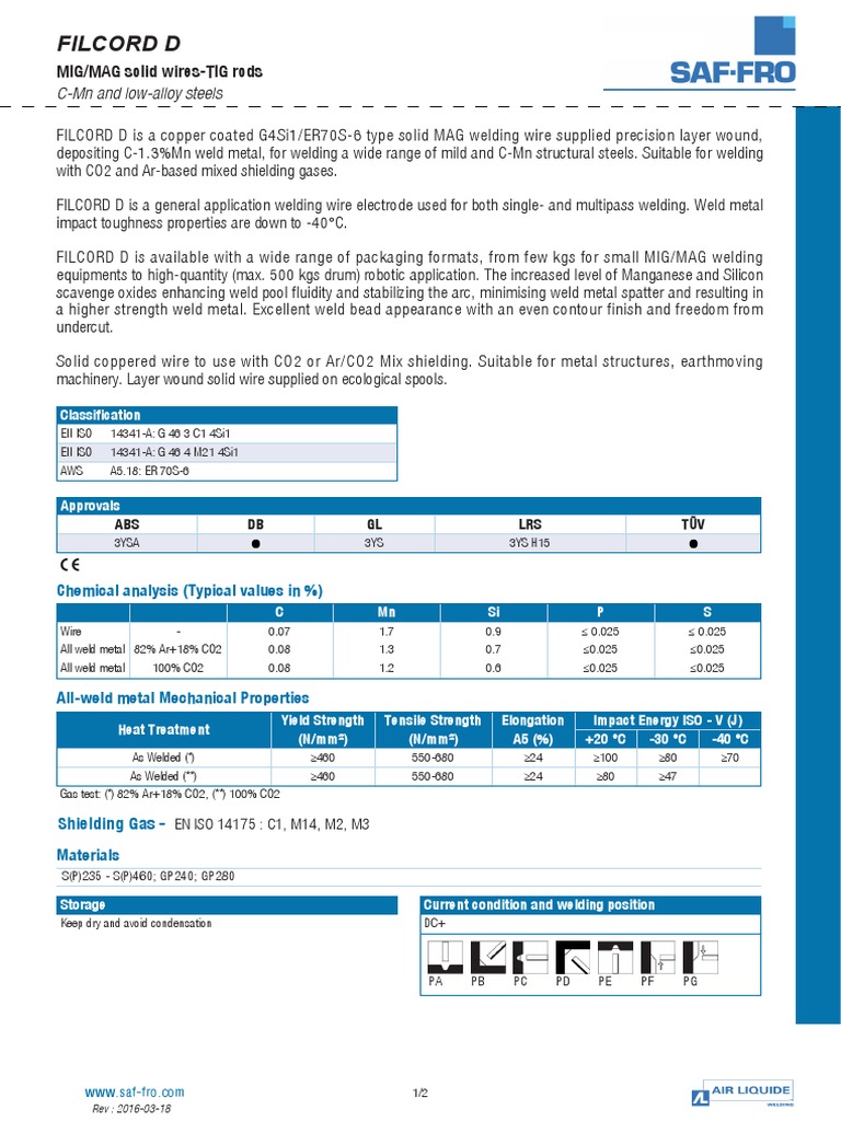 Filcord D: MIG/MAG Solid wires-TIG Rods C-MN and Low-Alloy Steels | PDF ...