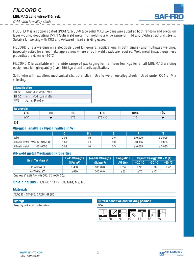 Filcord C: MIG/MAG Solid wires-TIG Rods C-MN and Low-Alloy Steels | PDF ...