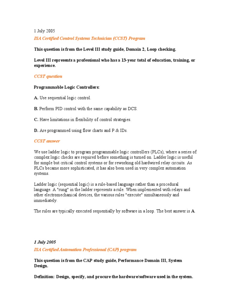 ISA Certified Control Systems Technician (CCST) Program: 1 July 2005 ...