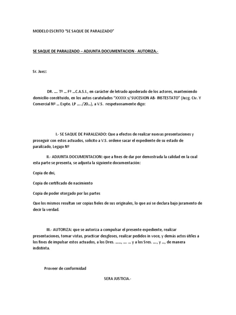 Modelo Escrito Se Saque de Paralizado - Adjunta Documentacion - Autoriza | PDF