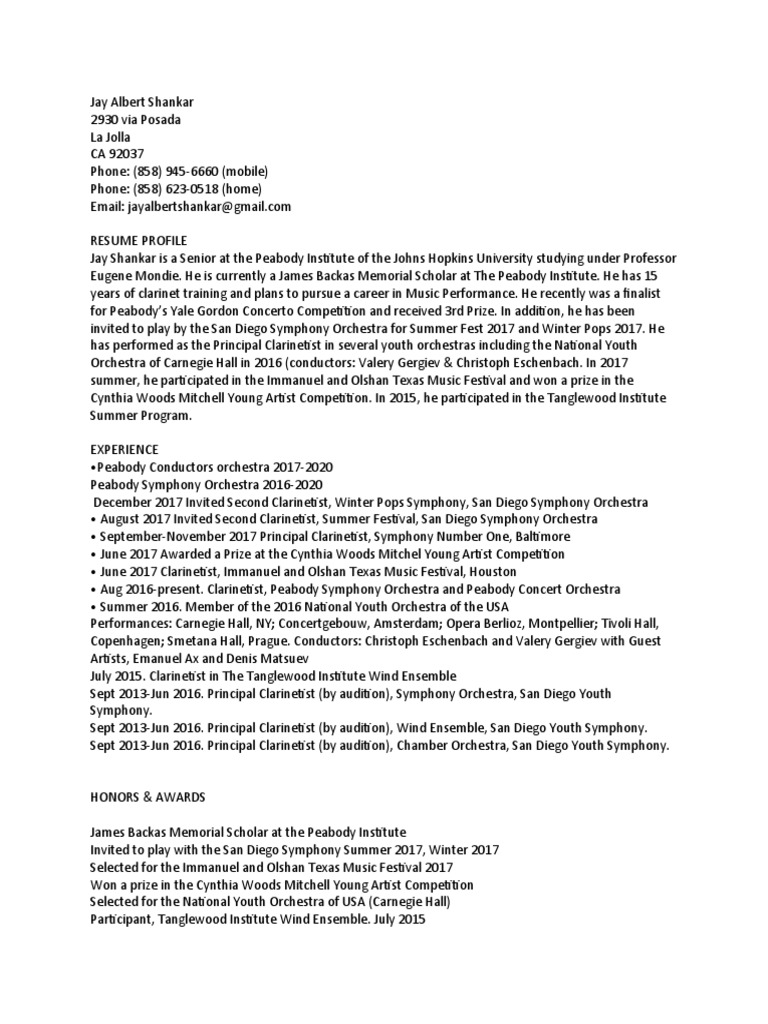 Jay Resume | PDF | Orchestras | Clarinet