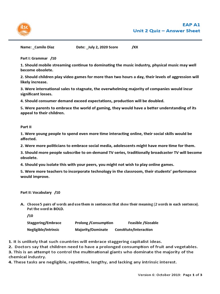 Eap A1 Unit 2 Quiz - Answer Sheet: Chemical Industry | PDF | Cognition | Psychological Concepts